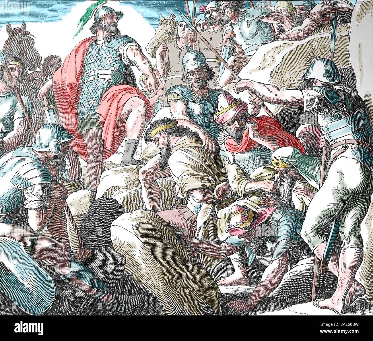 Bible. Joshua holds five kings in the cave at Makkedah. Book of Joshua ...