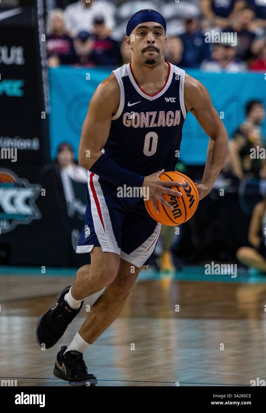 March 11 2025 Las Vegas, NV, U.S.A. Gonzaga guard Ryan Nembhard (0)looks to pass the ball during ...