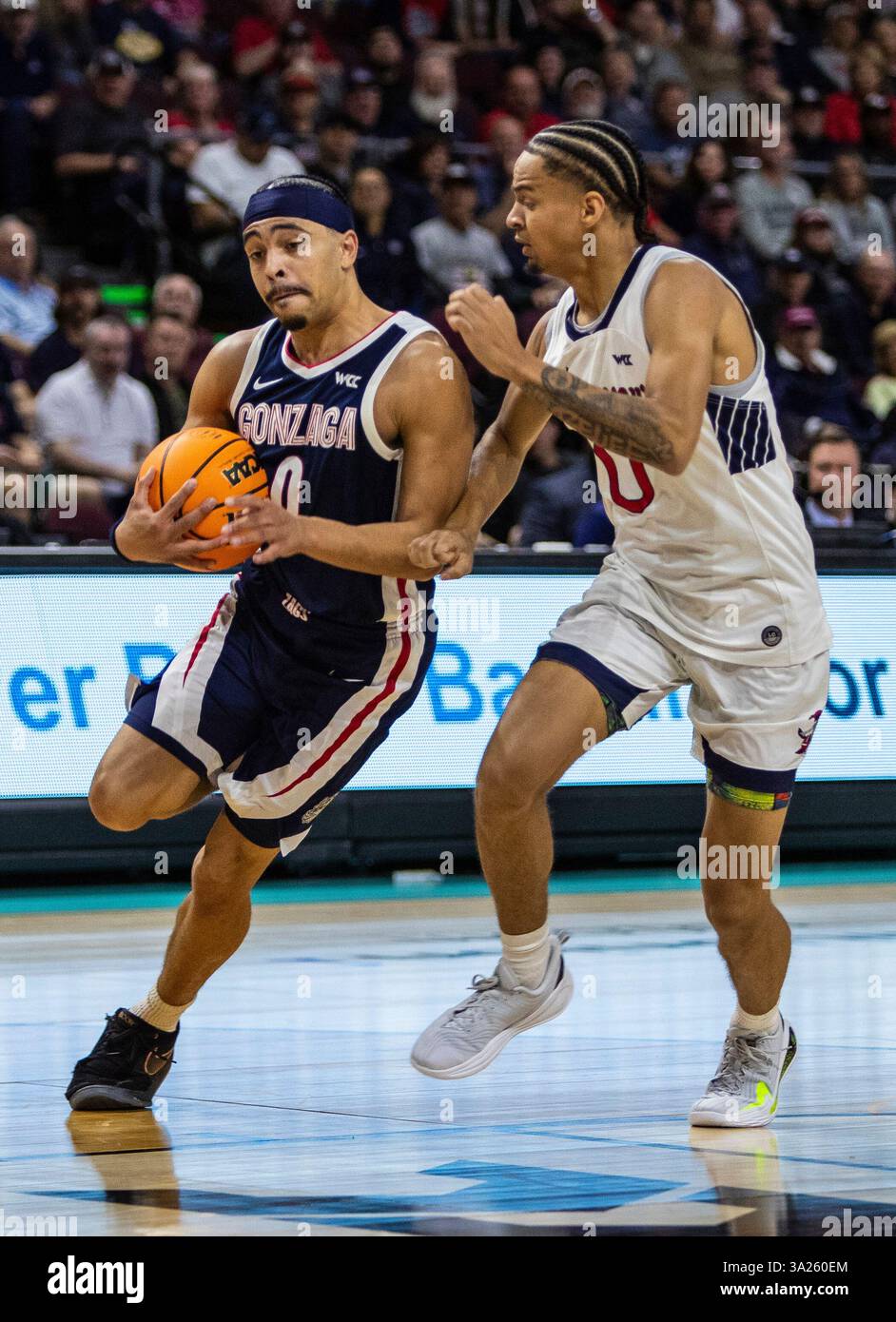 March 11 2025 Las Vegas, NV, U.S.A. Gonzaga guard Ryan Nembhard (0)drives to the basket during ...