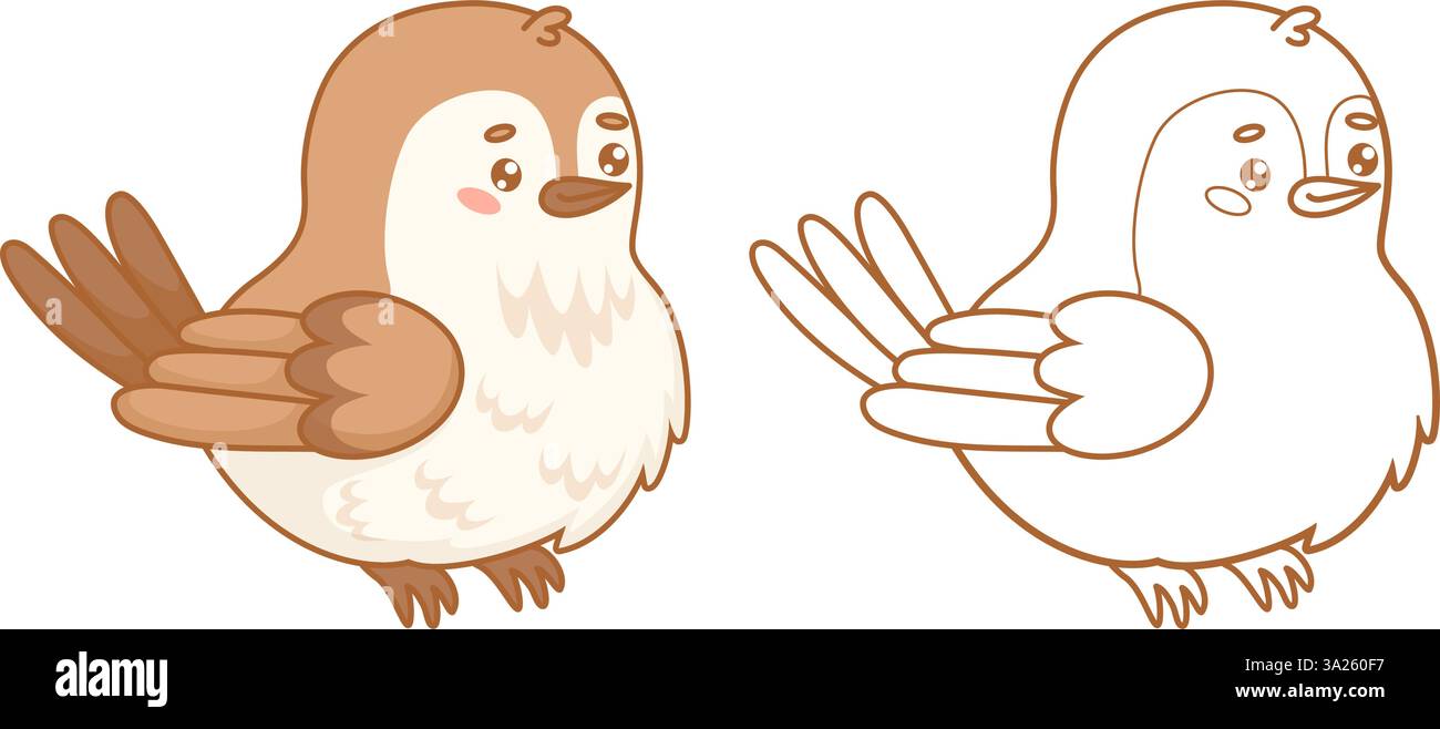 Cute little bird sparrow. Outline and color funny cartoon kawaii ...