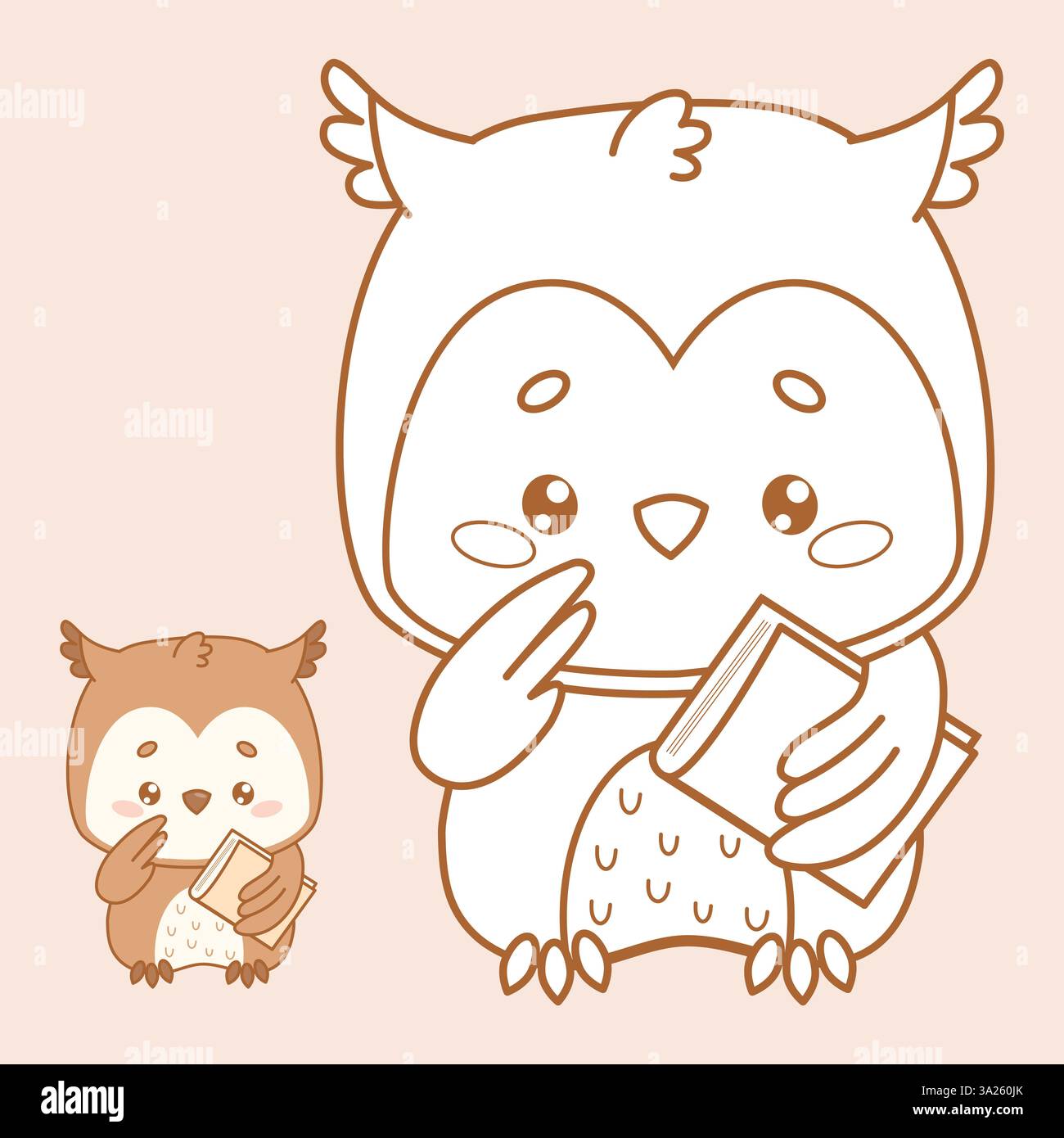 Wise Owl with holding book. Outline and color cute cartoon kawaii bird ...