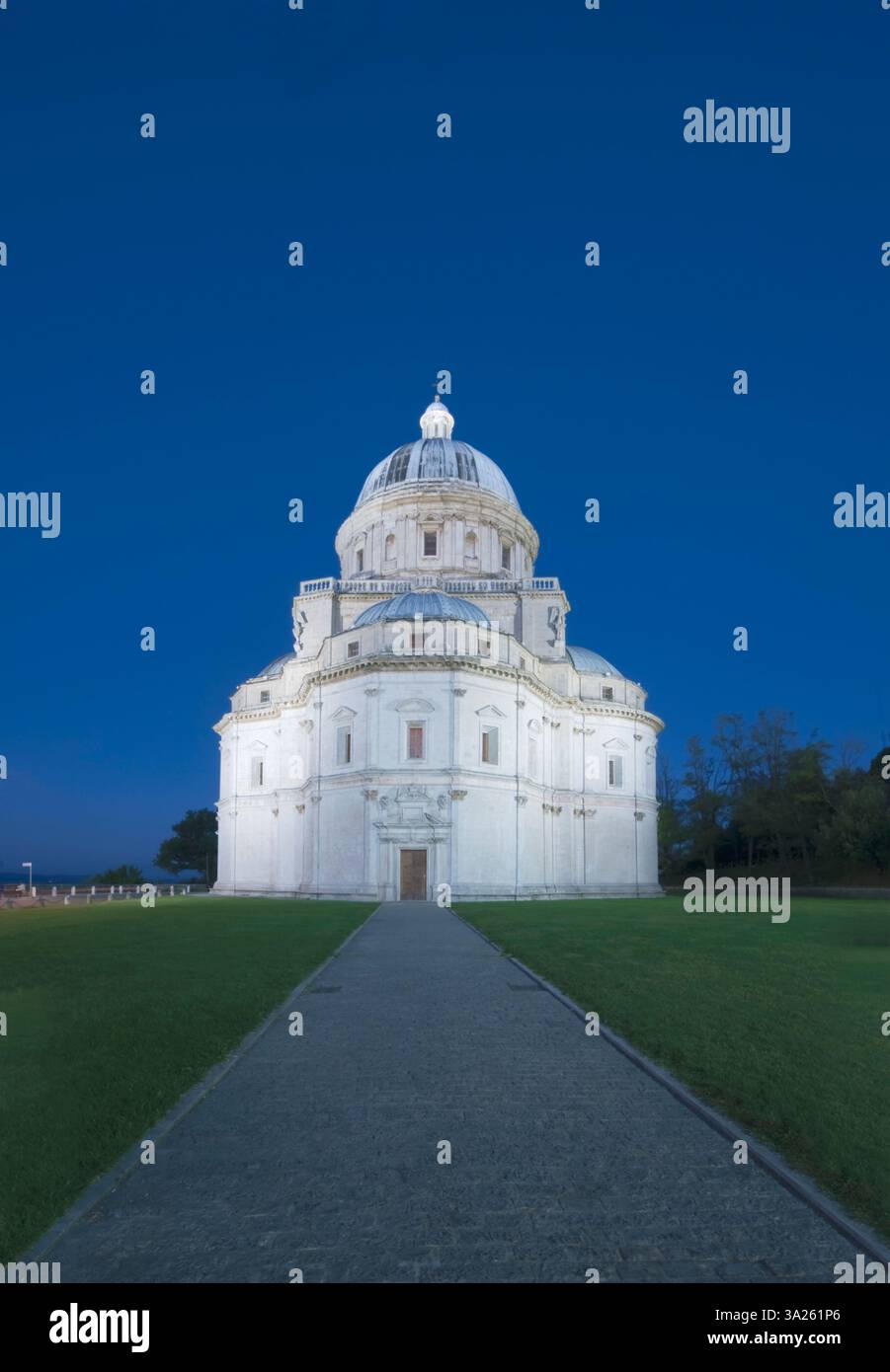Santa Maria della Consolazione Church in Todi, the pale exterior lit up ...