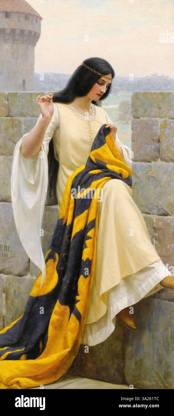 Edmund Blair Leighton, Stitching the Standard, painting in oil on ...