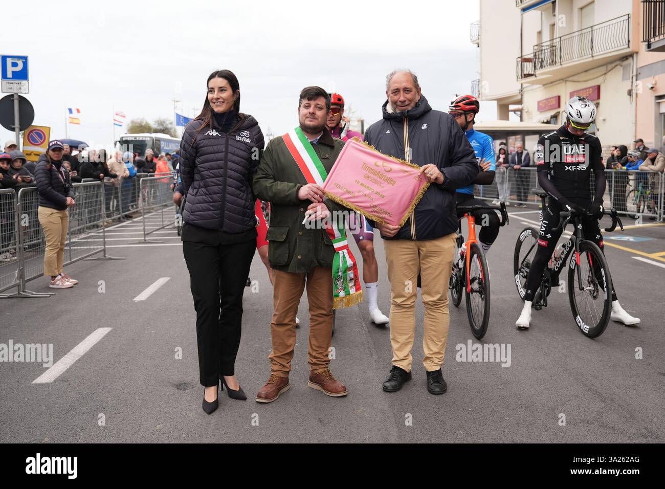 Follonica, Italia. 12th Mar, 2025. Miss, Matteo Buoncristiani mayor of Follonica and Stefano ...