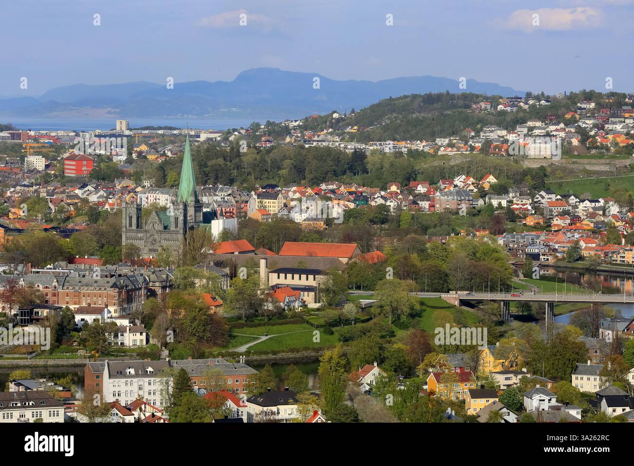Spring in Trondheim, aerial view of historical down town and the ...
