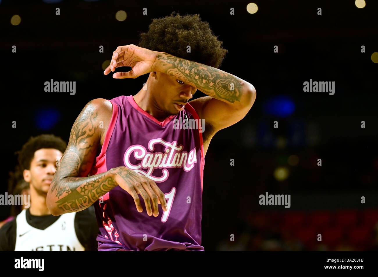Dink Pate #1 of Mexico City Capitanes reacts during the first quarter ...