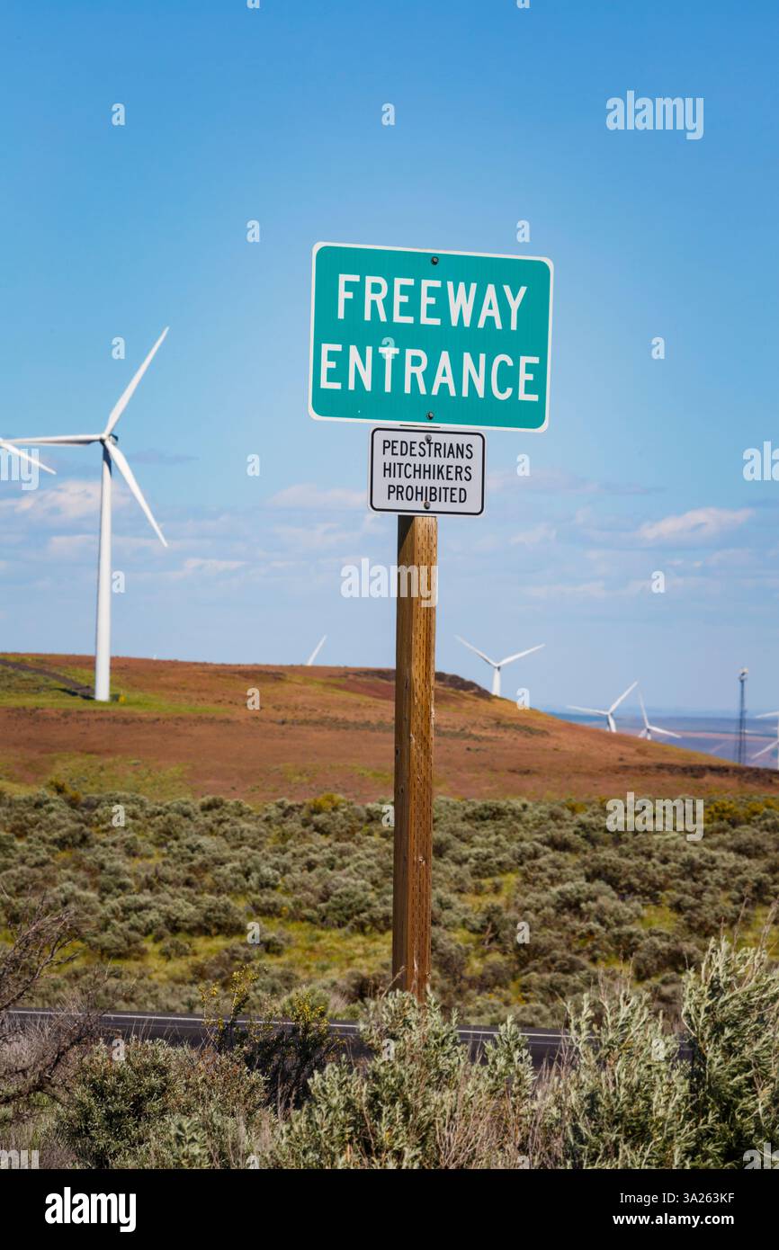 Freeway Entrance road signs along the roadside in the rolling landscape ...