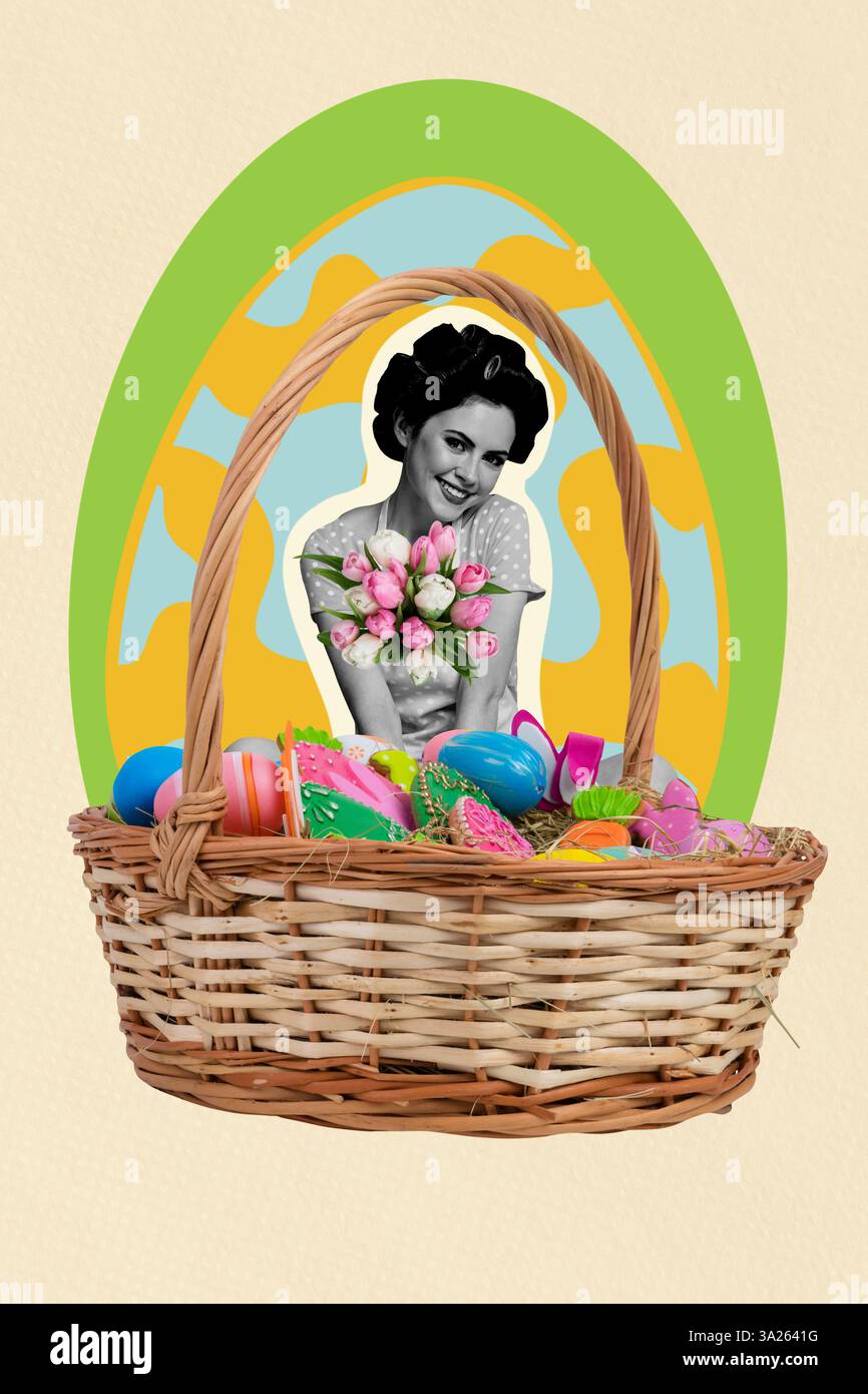 Poster trend sketch 3D collage of silhouette young woman smile sit ...