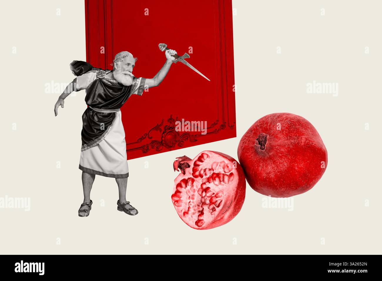 Contemporary artwork banner collage of serious greek old man lord hold ...