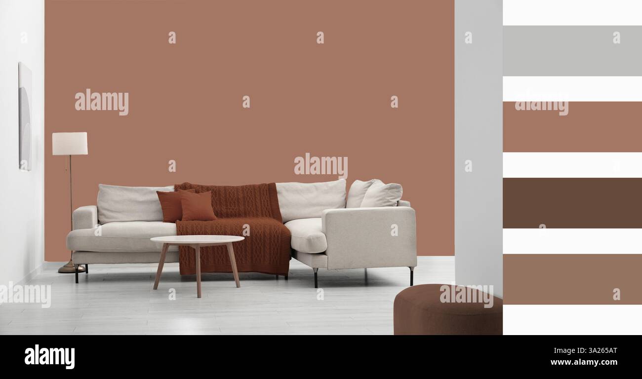 Stylish living room with elements in mocha mousse shade. Interior ...