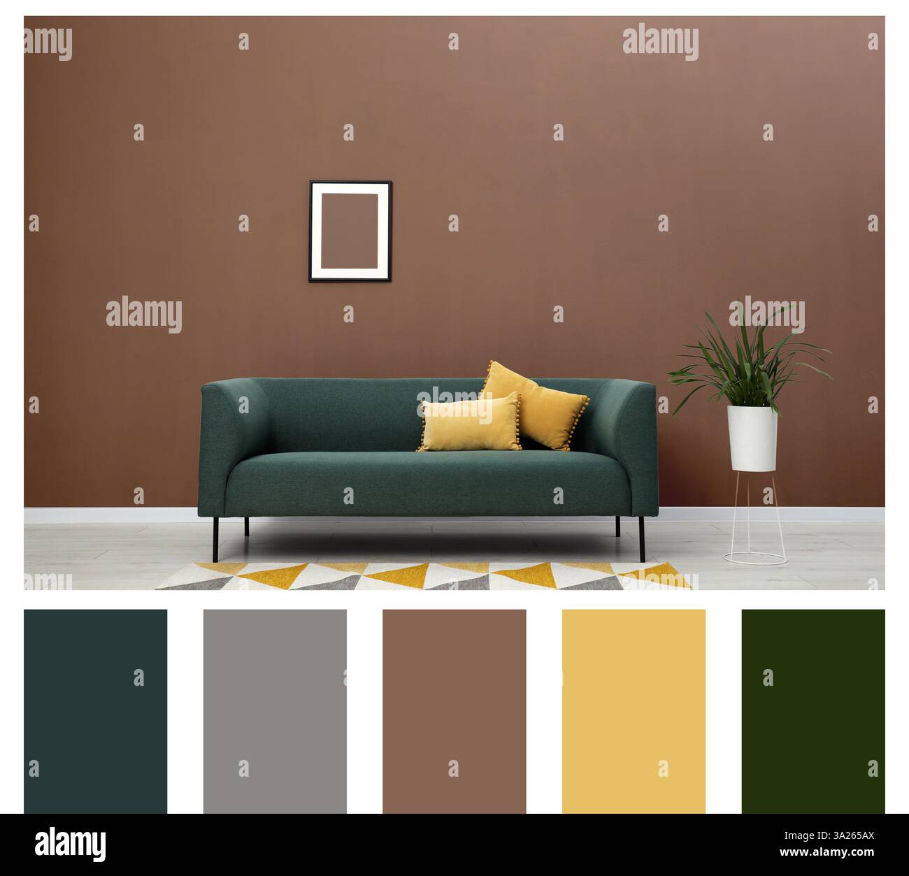 Stylish living room with wall in mocha mousse shade. Interior design ...