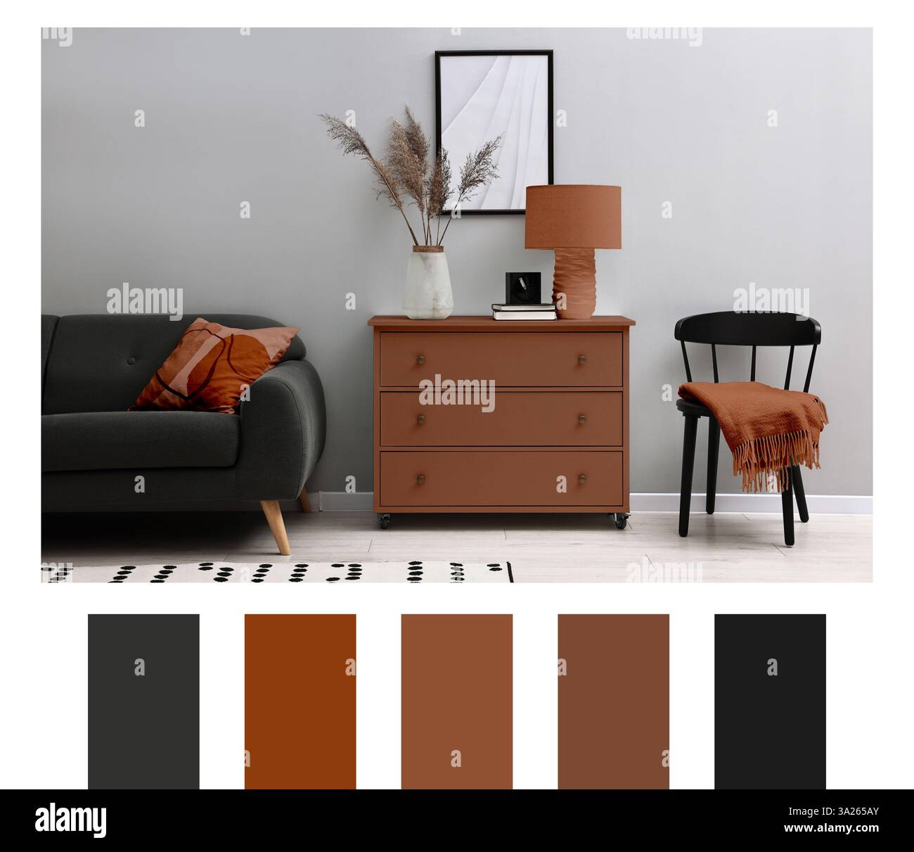 Stylish living room with elements in mocha mousse shade. Interior ...