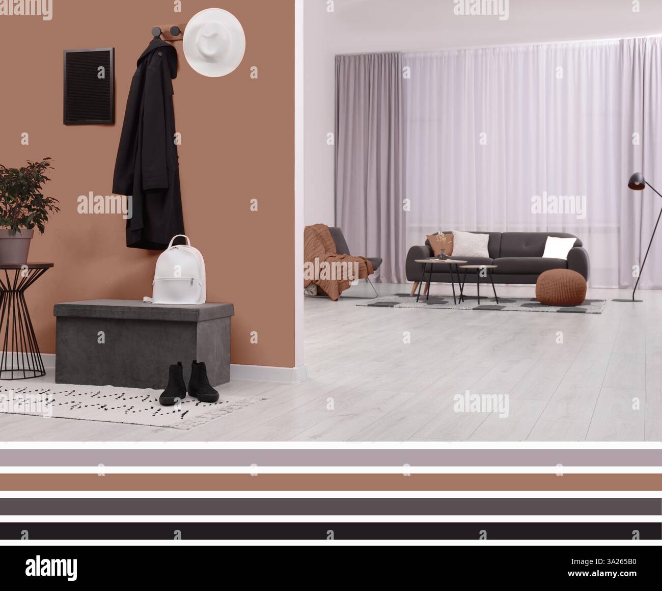 Stylish apartment with elements in mocha mousse shade. Interior design ...