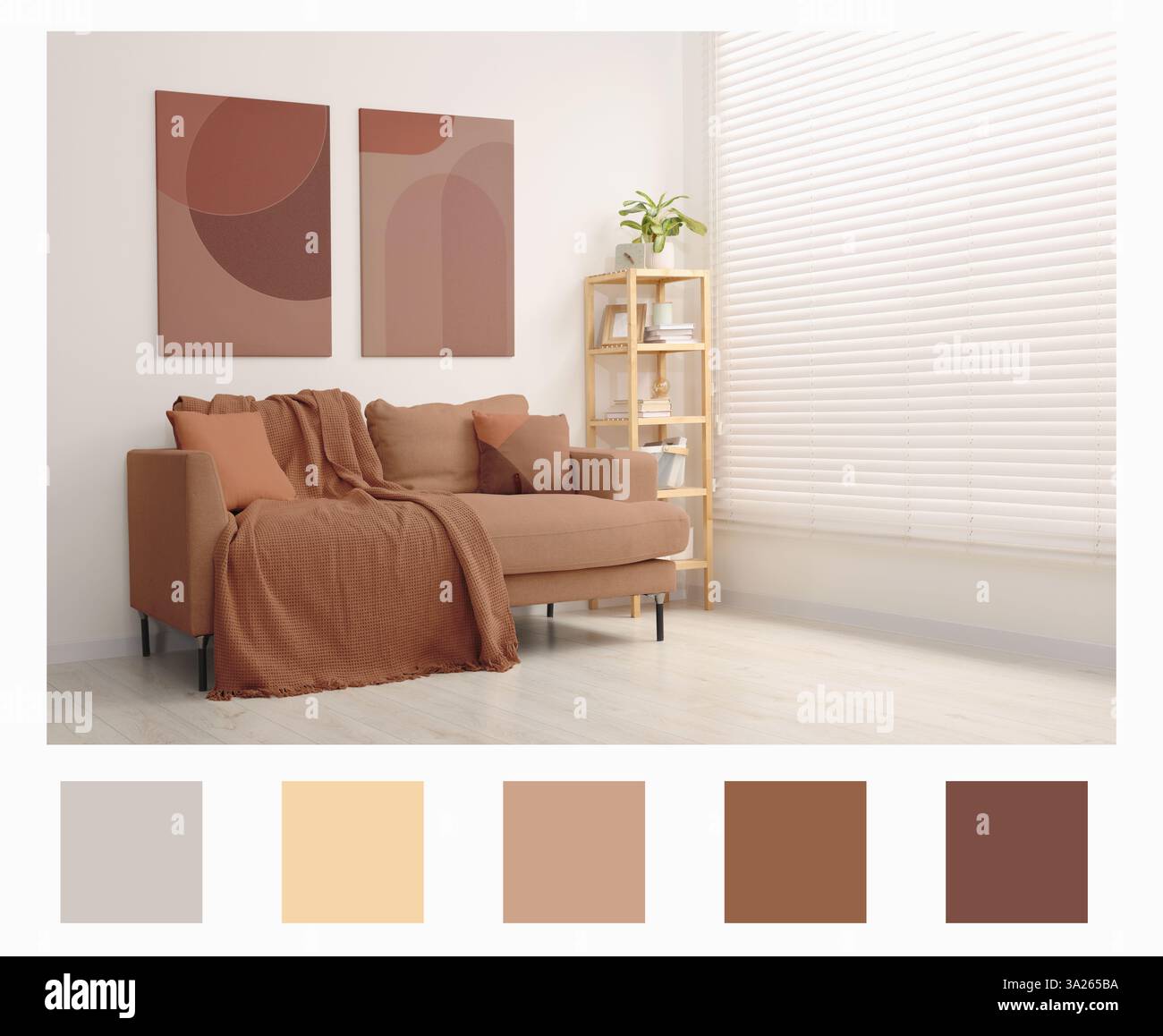 Stylish living room with elements in mocha mousse shade. Interior ...