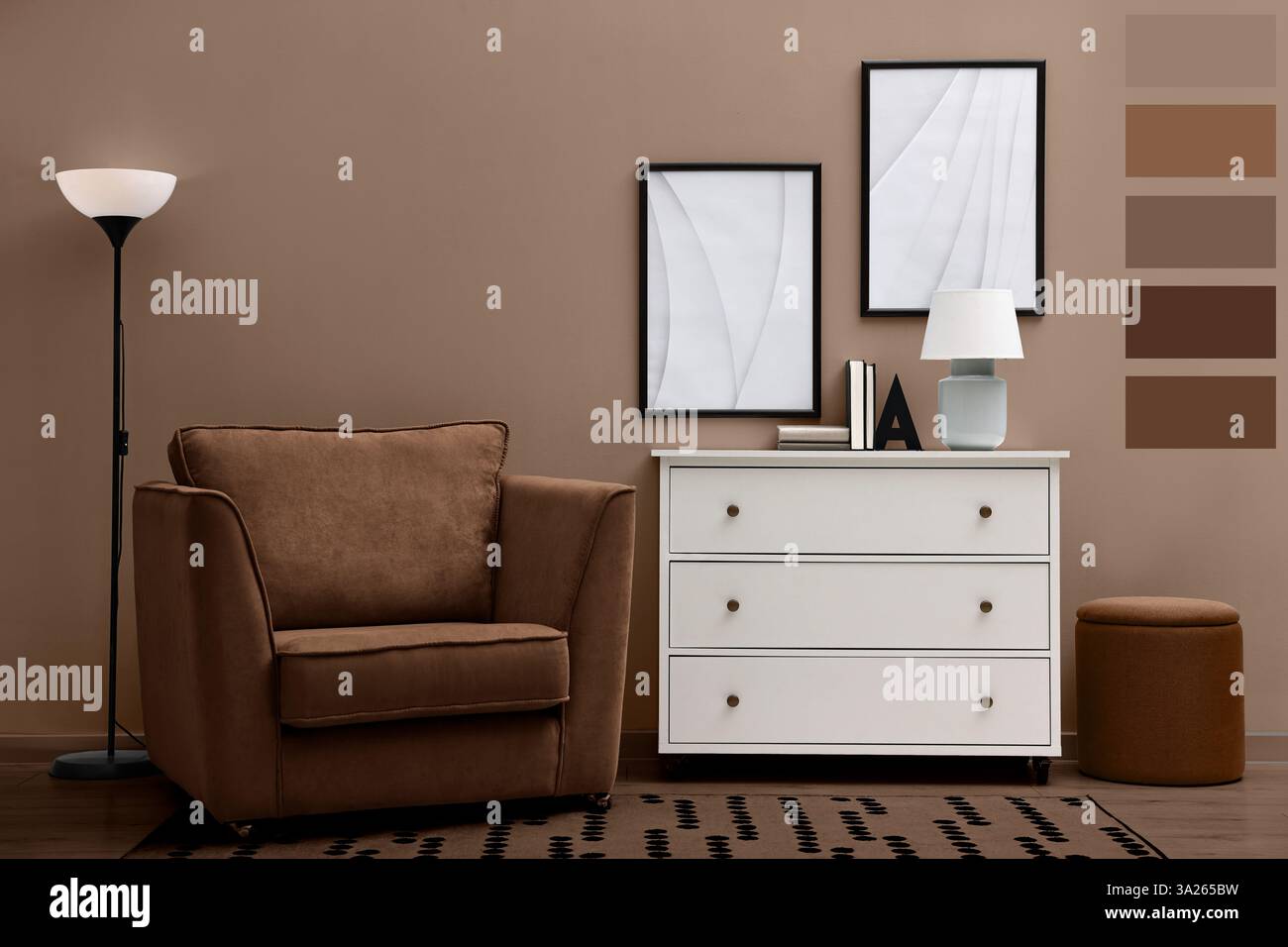 Stylish room with armchair in mocha mousse shade and other furniture ...