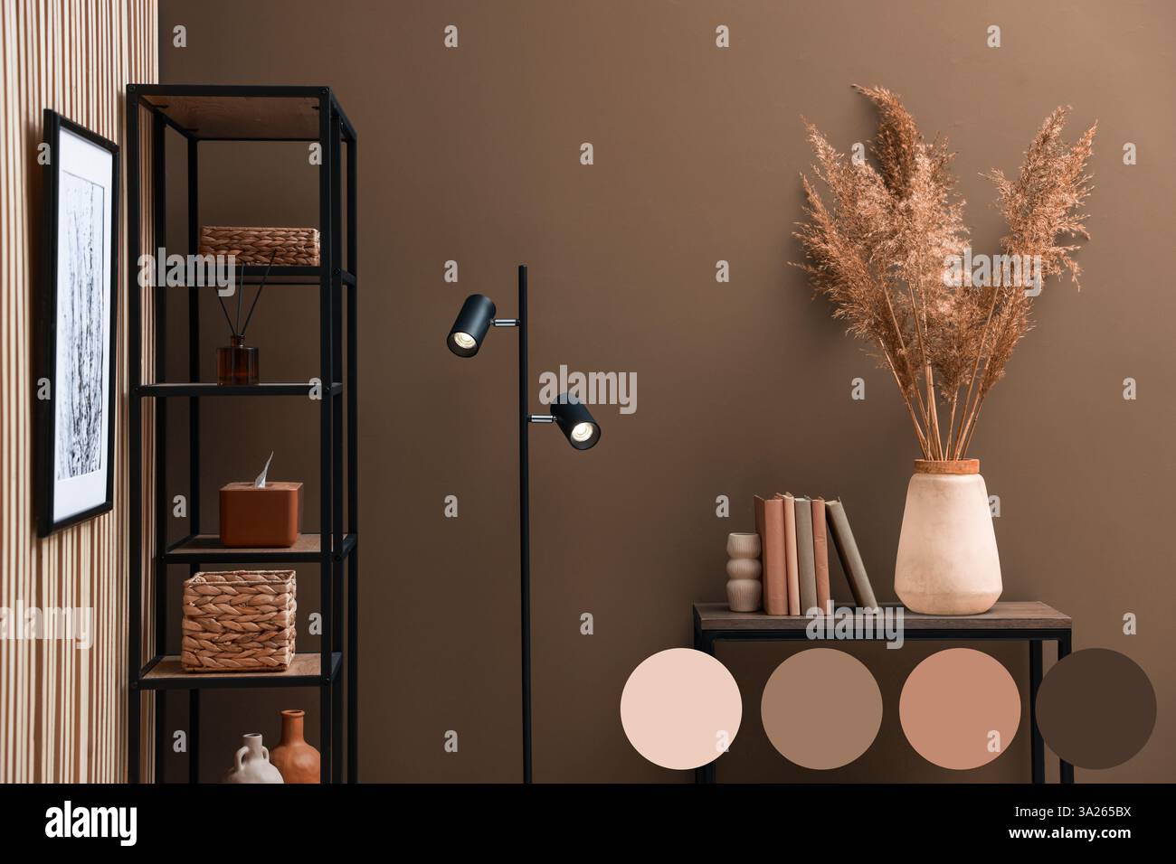 Console table, lamp and shelving unit near wall in mocha mousse shade ...