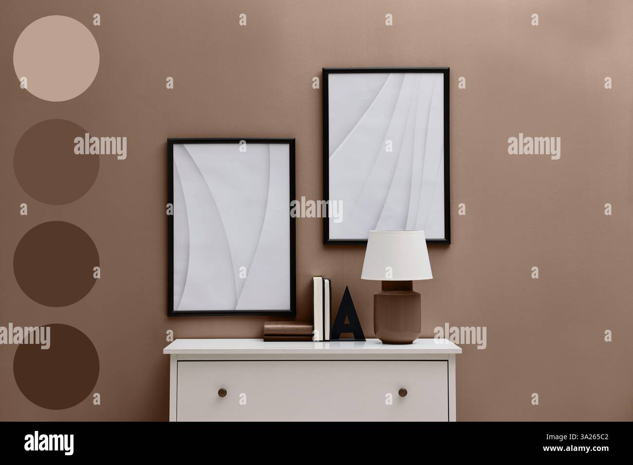 Console table with lamp and books near wall in mocha mousse shade ...