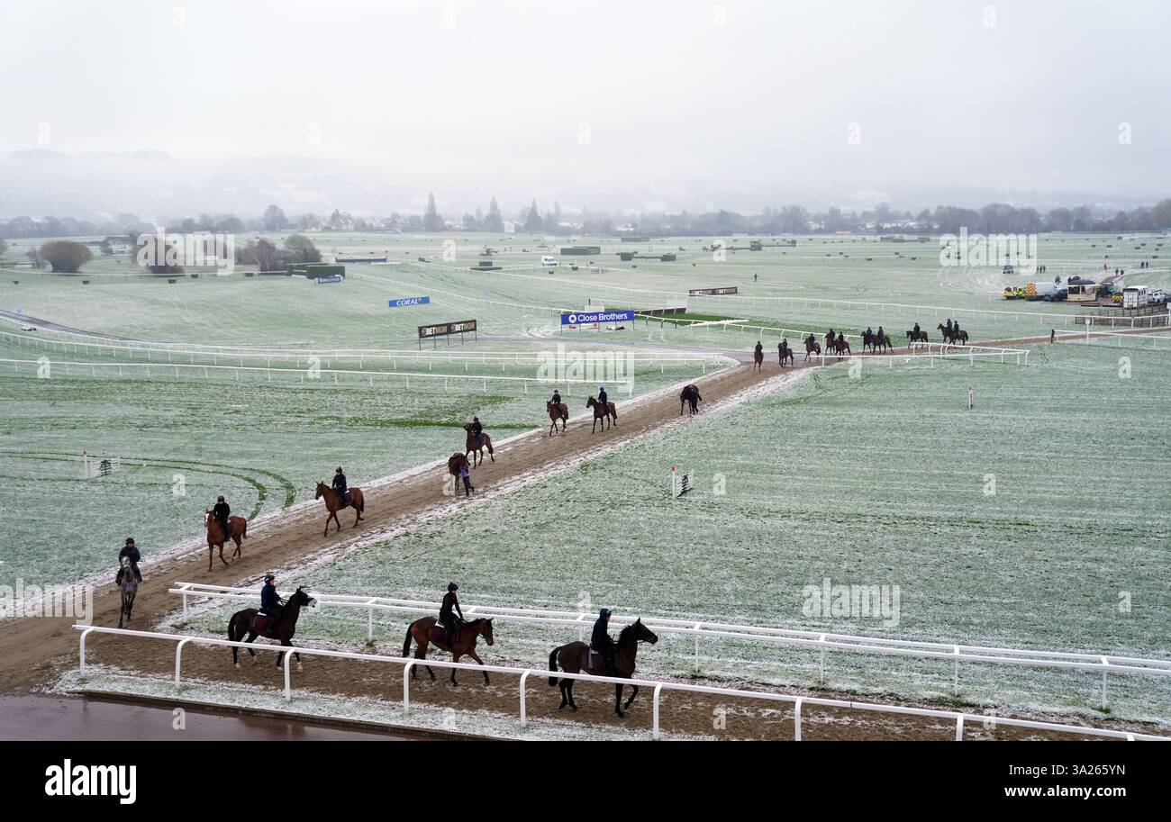 Horses make their way back in from the snow covered gallops on day two ...