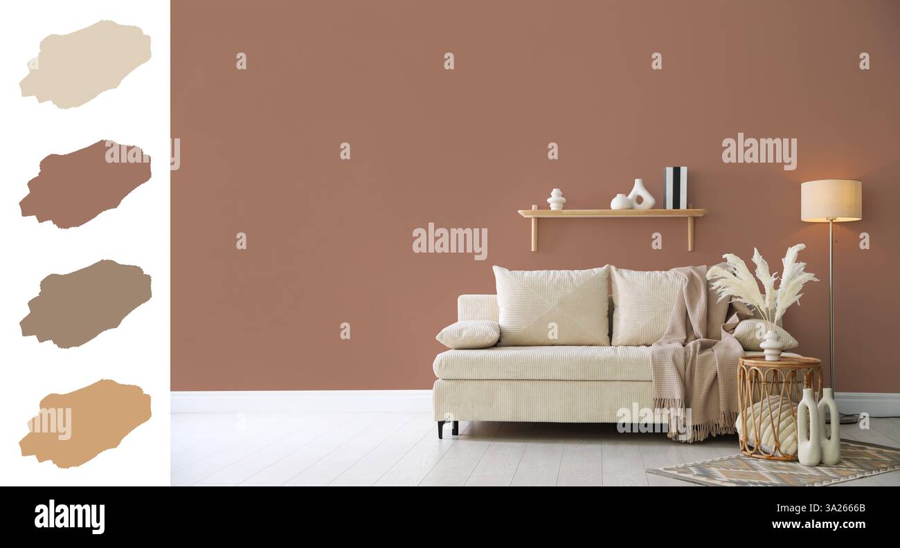 Stylish living room with wall in mocha mousse shade. Interior design ...