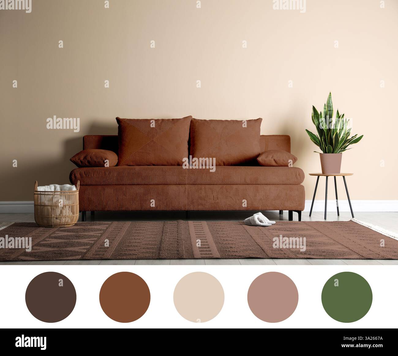 Stylish living room with elements in mocha mousse shade. Interior ...