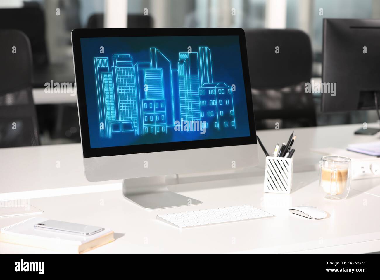 Building information modeling. Digital project on computer display ...