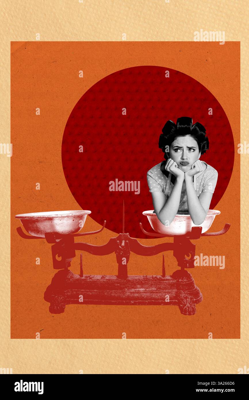 Poster image art vertical photo collage of puzzled housewife sit scales ...