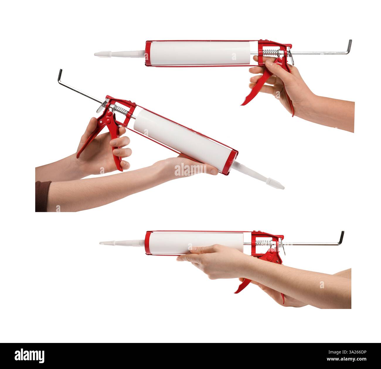 Women with caulking gun on white background, closeup. Collage Stock ...