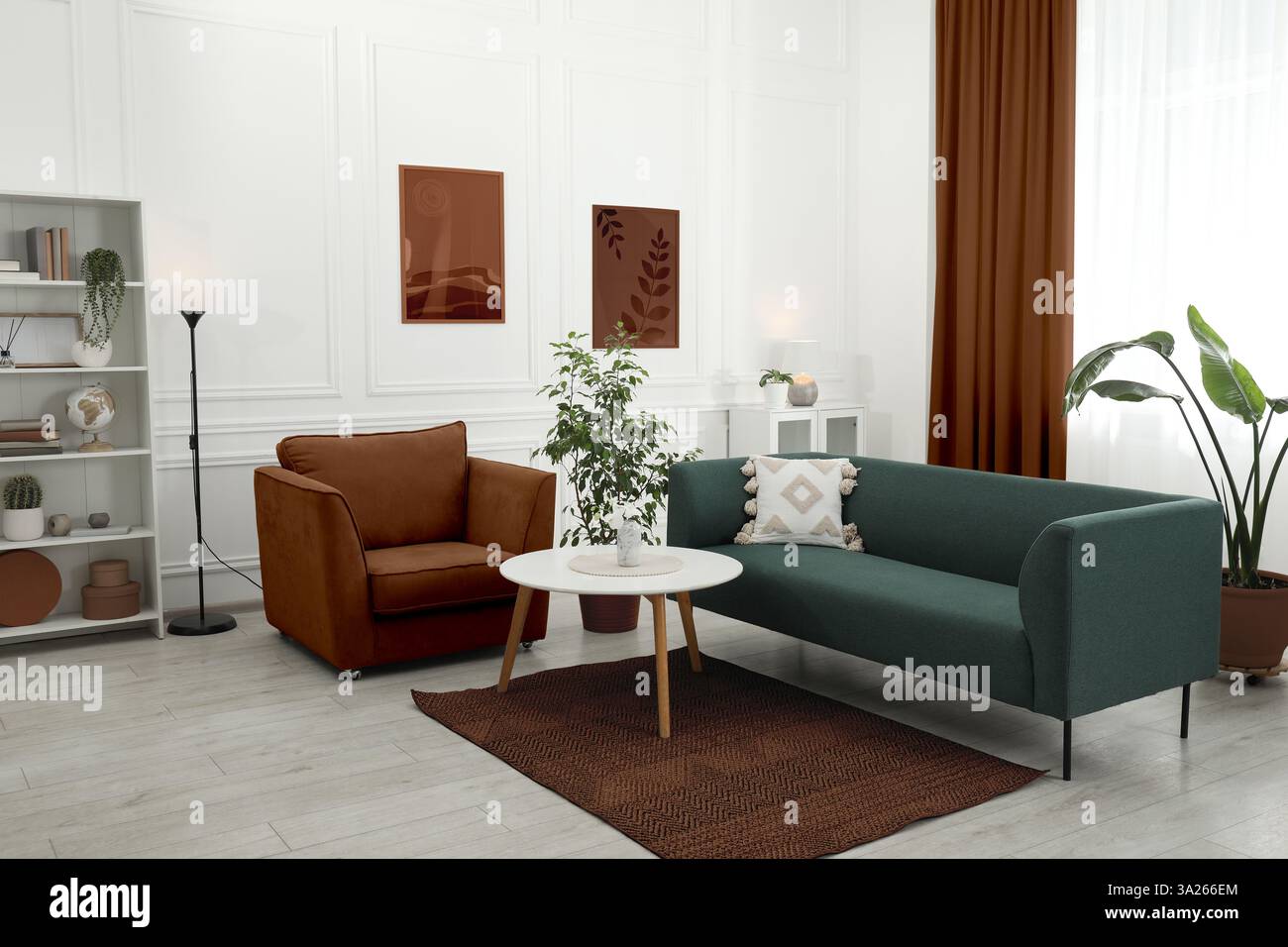 Stylish living room with elements in mocha mousse shade. Interior ...