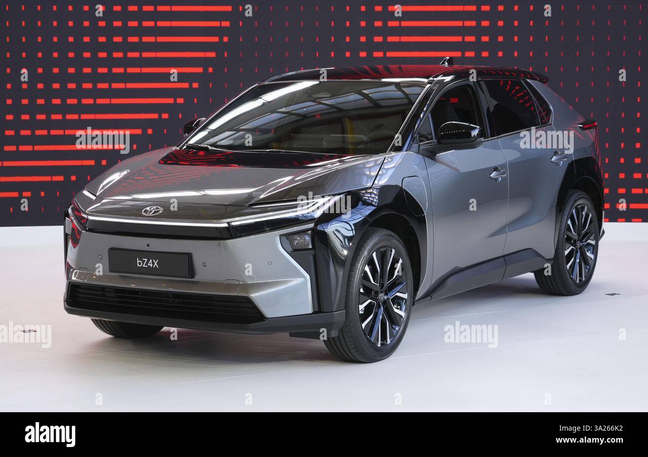 Toyota Motor Corp. unveils a new electric vehicle model, the bZ4X, in Brussels, Belgium, on ...
