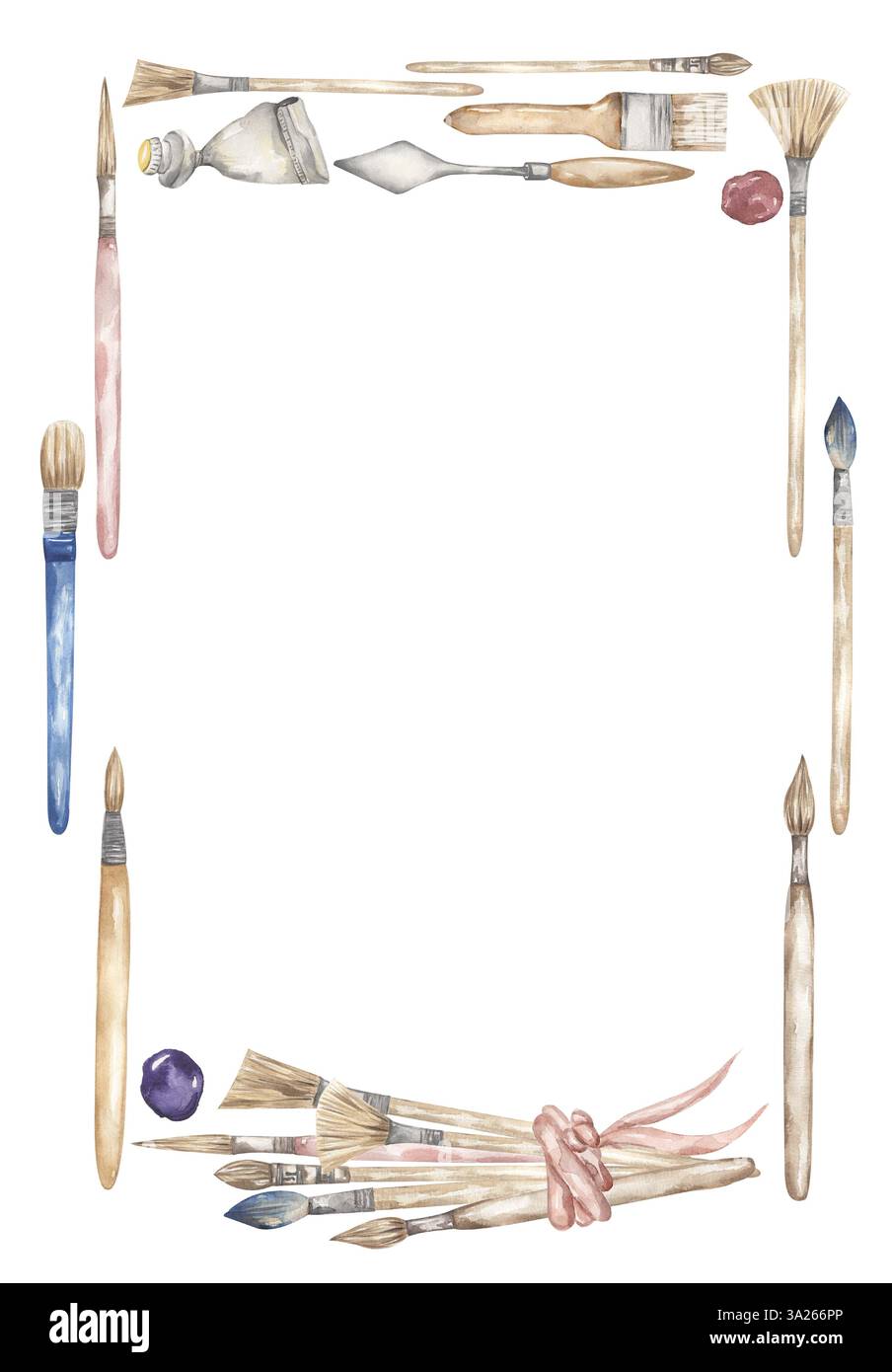 Watercolor hand drawn artist supplies frame illustration, brushes ...