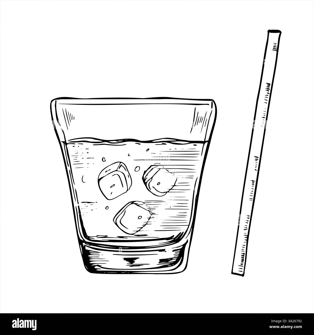 Cold drink with ice in glass and drinking straw vector isolated illustration painted by black ...