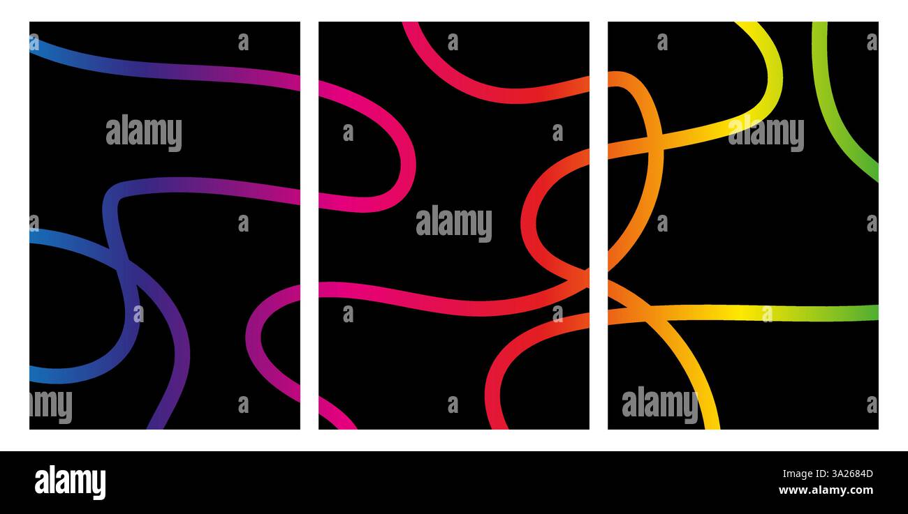 Abstract triptych artwork with colorful gradient curved lines on black background. Modern ...