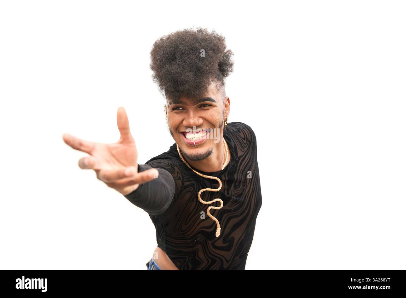 Portrait of a cheerful non binary person wearing a transparent black ...