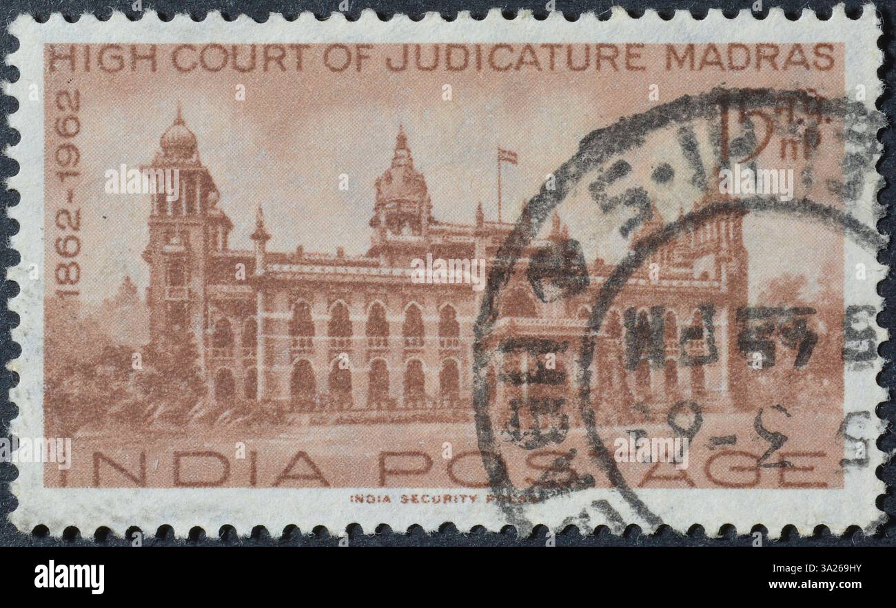 Cancelled postage stamp printed by India, that shows Madras High Court ...