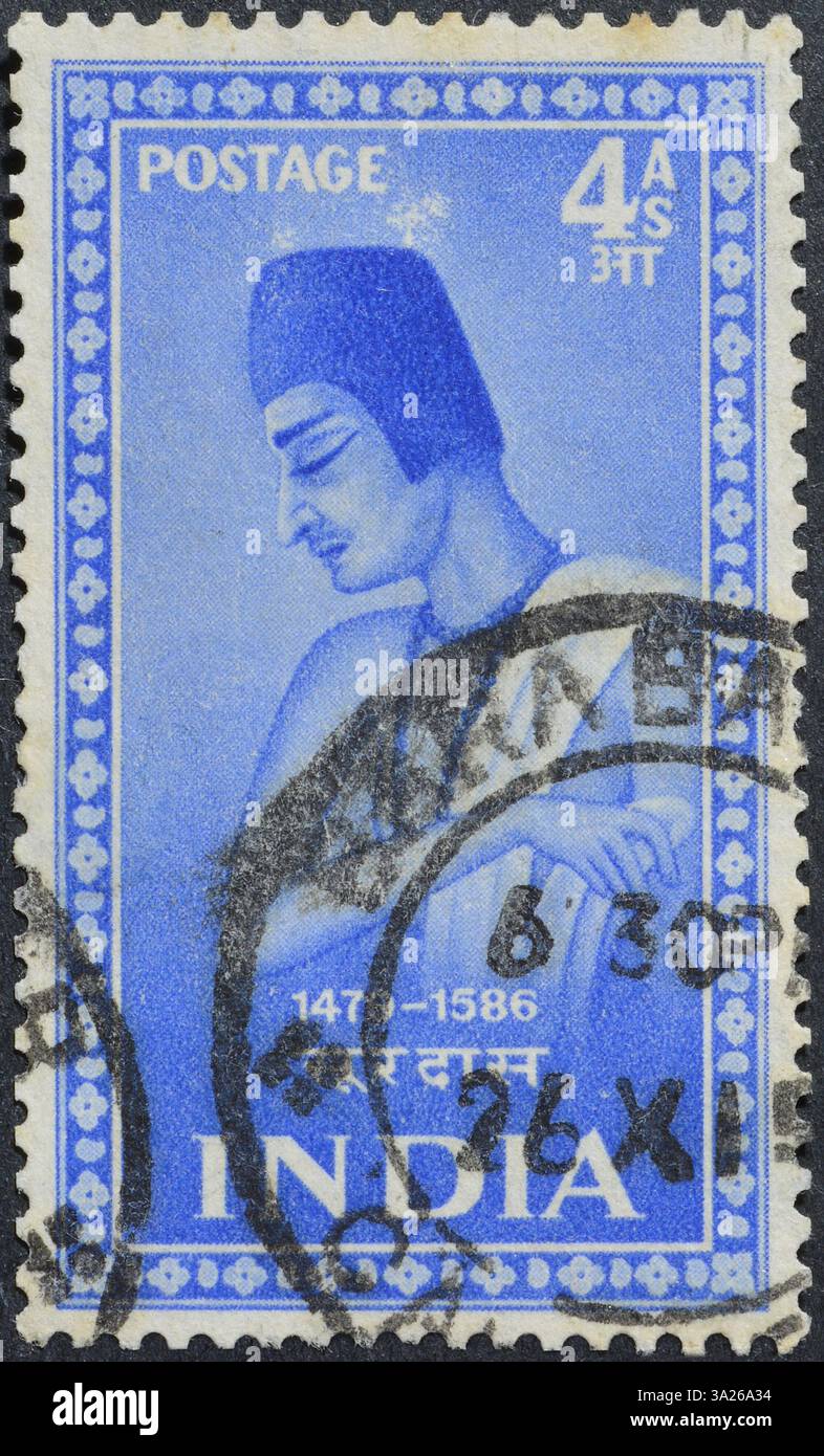 Cancelled postage stamp printed by India, that shows Surdas - 16th ...