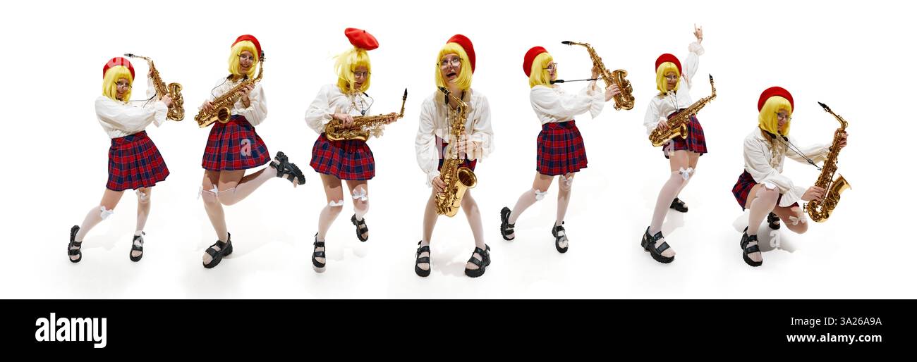Expressive musician in school uniform energetically playing saxophone ...