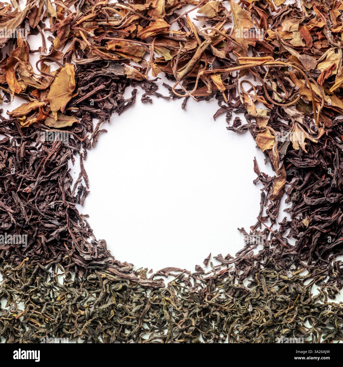 Loose tea leaves texture with copy space. Black, green, and white teas ...