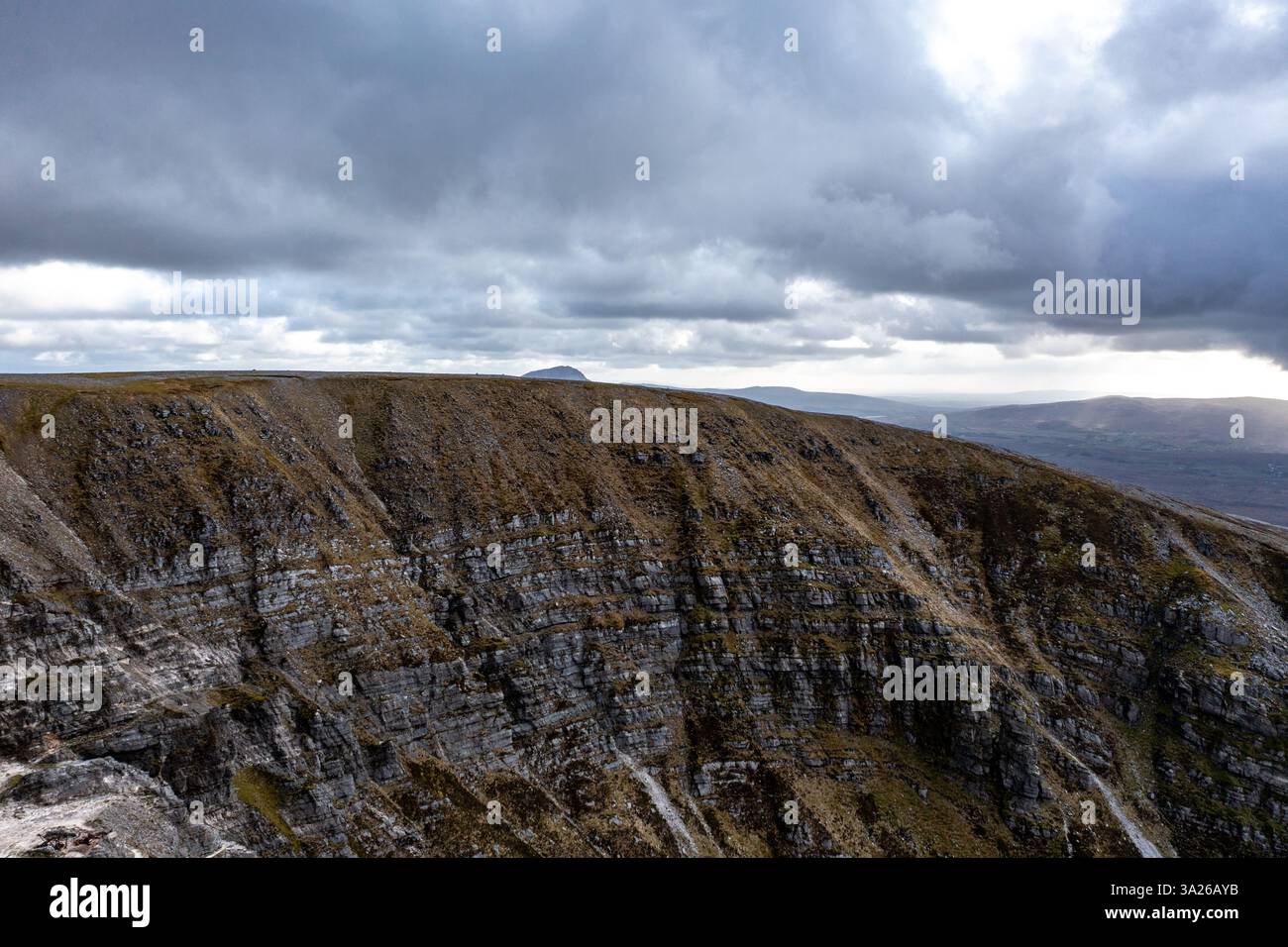Aerial view of the Muckish mountain and the trail called miners path in ...