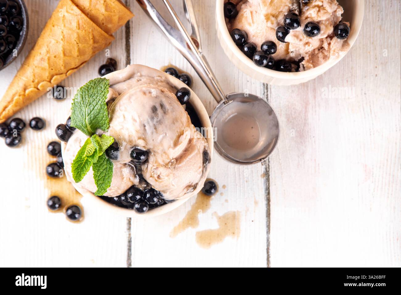 Bubble milk tea ice cream, sweet taiwanese asian style milky tea with ...