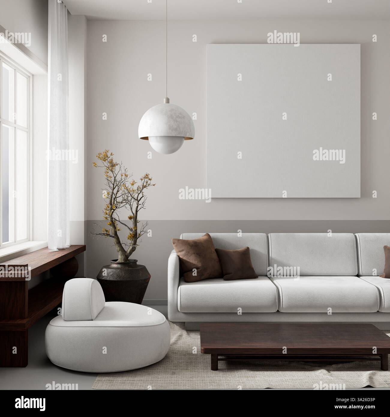 living room interior mock up with modern furnitures. Poster frame mock ...