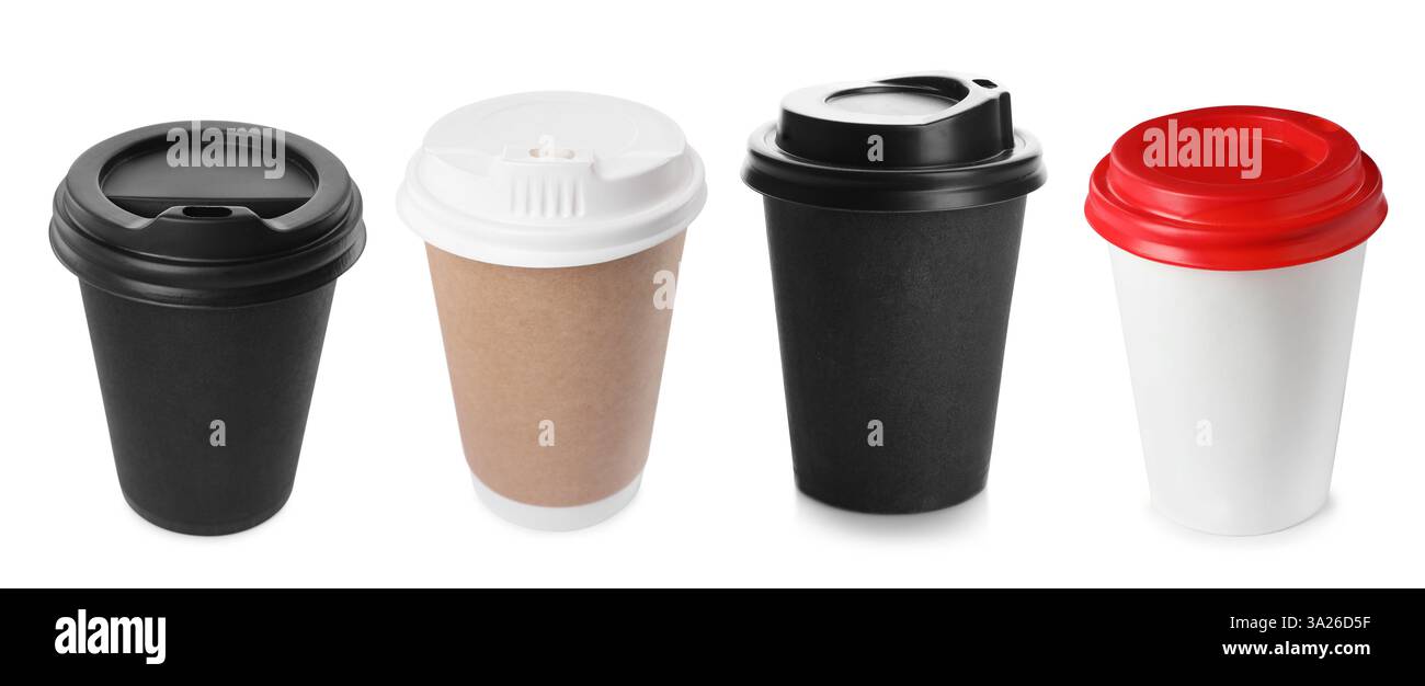 Different paper takeaway cups on white background, set Stock Photo - Alamy