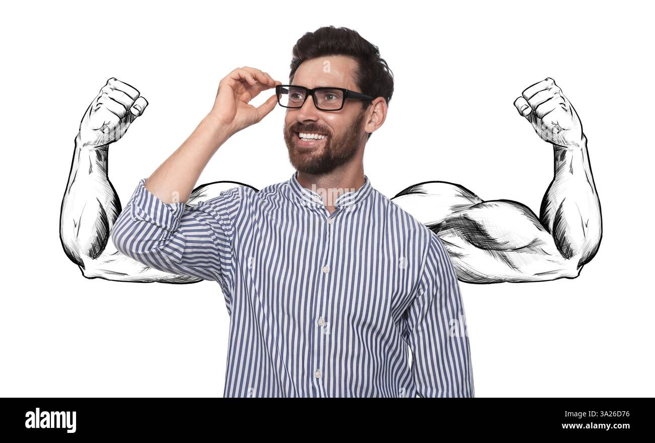 Happy man with drawing of strong arms behind him on white background ...