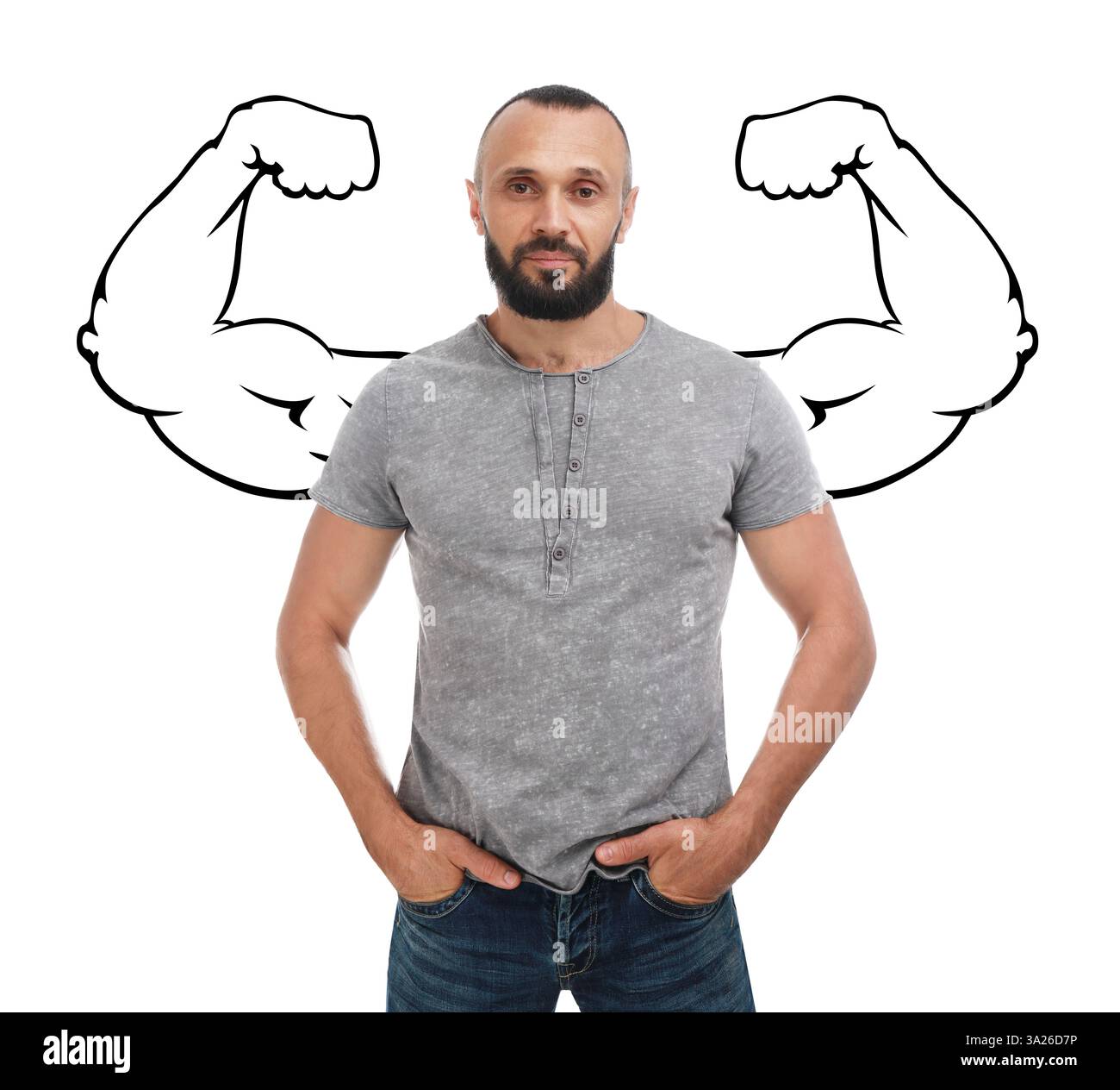 Confident man with drawing of strong arms behind him on white ...