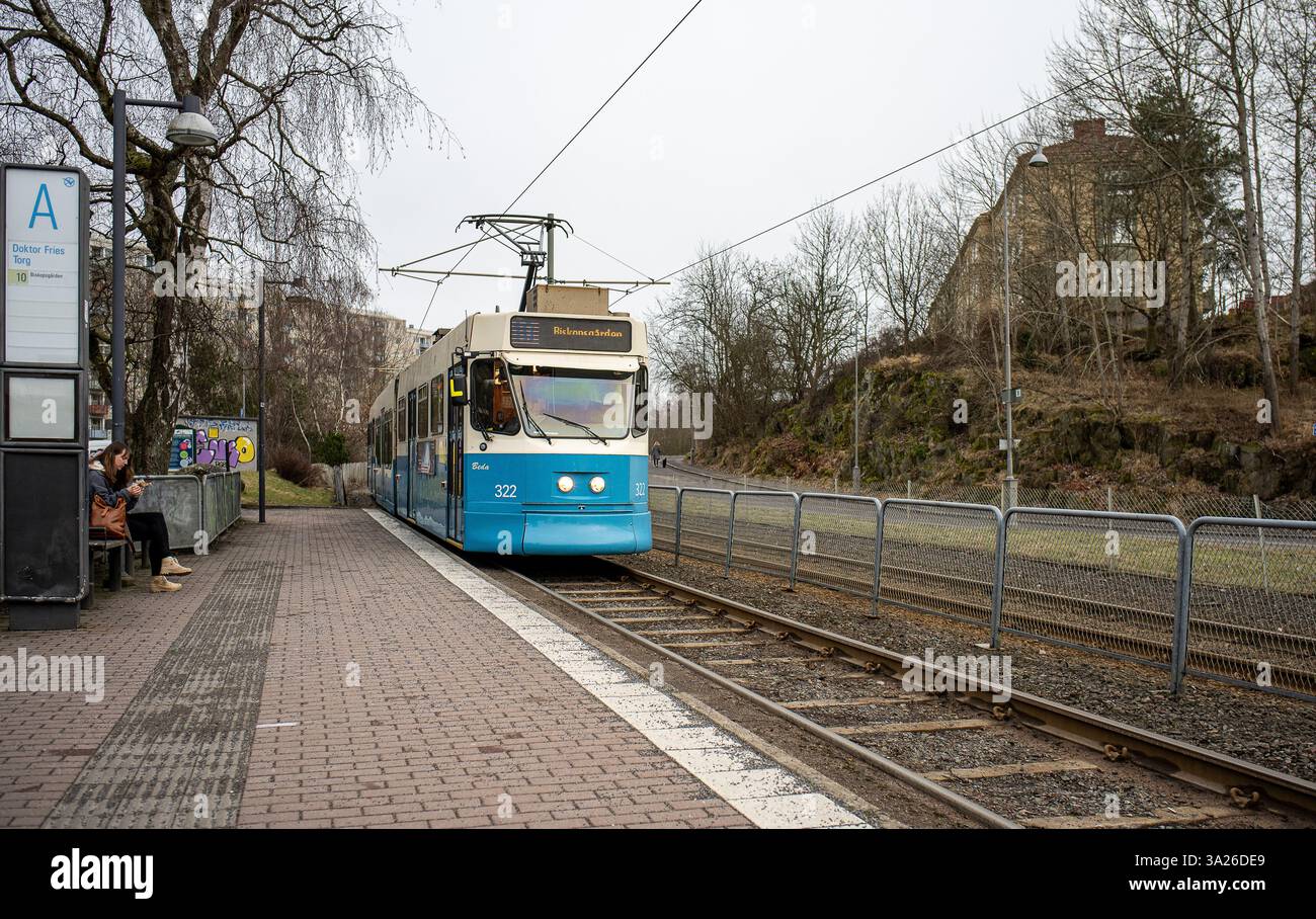 The iconic blue trams of Gothenburg on a cloudy day in early March 2025. Gothenburg is the ...