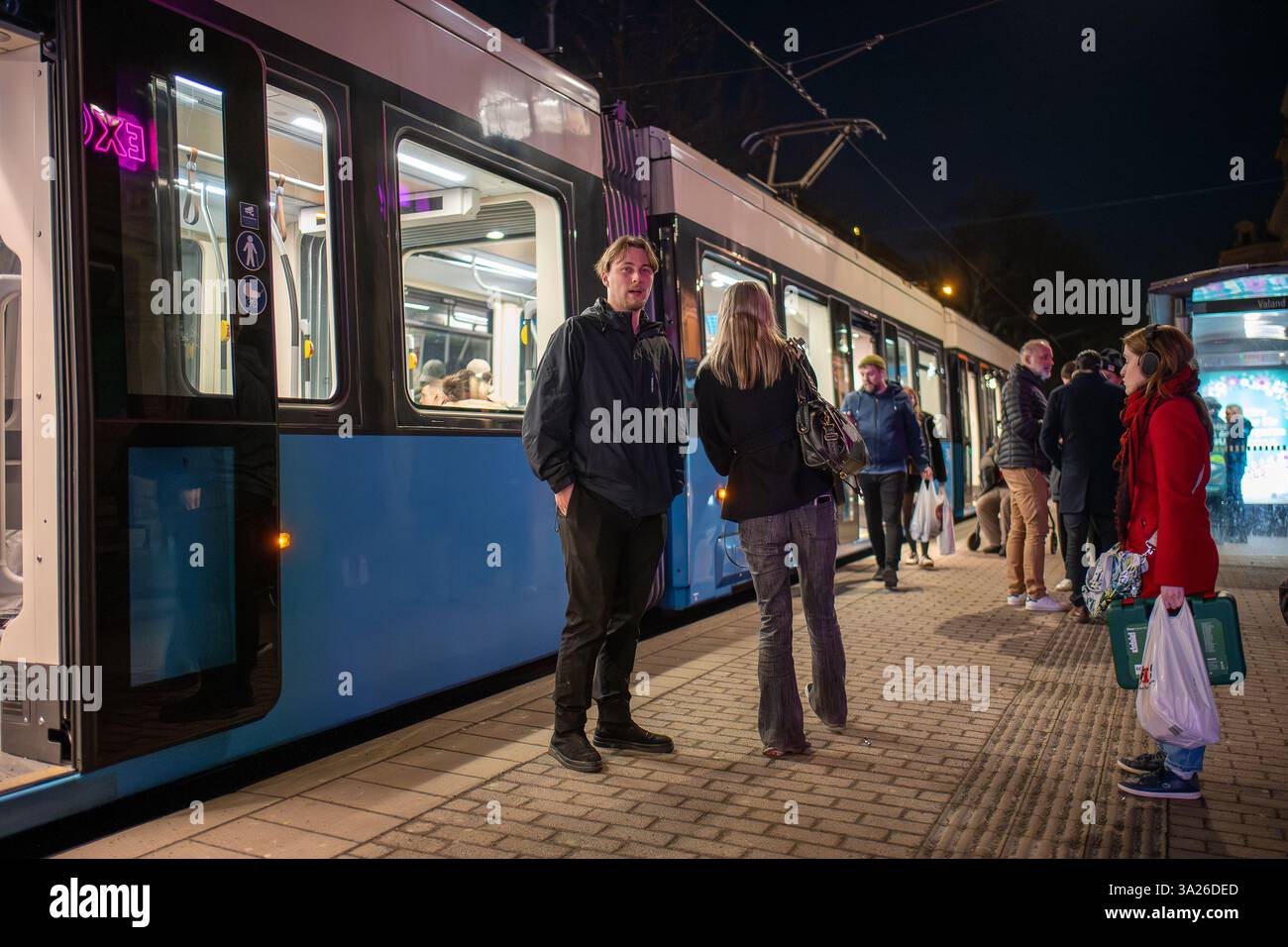 Urban scene from tram stop Valand in Gothenburg on a Satruday night in ...
