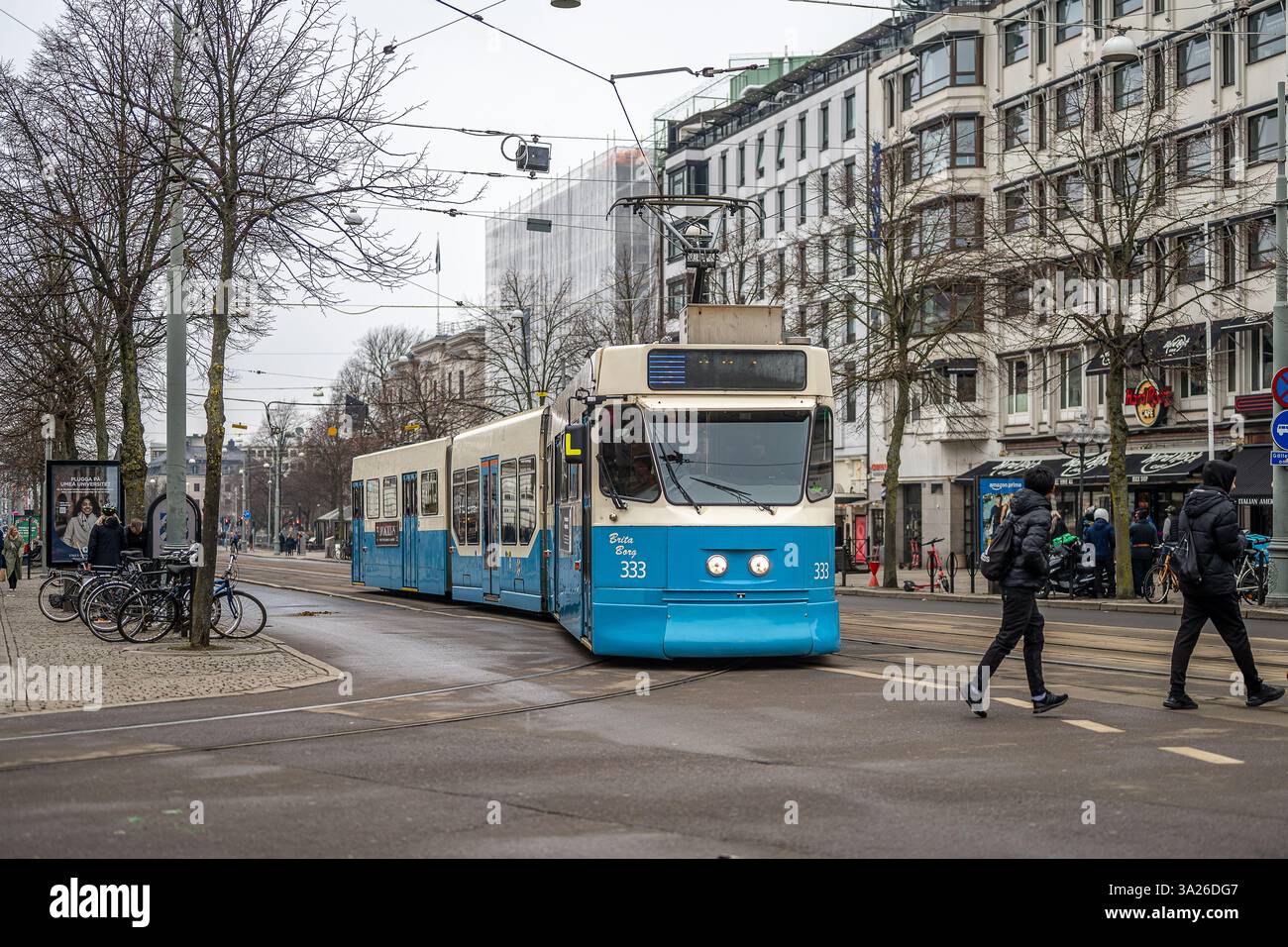 The iconic blue trams of Gothenburg on main street Kungsportsavenyn in early March 2025 ...