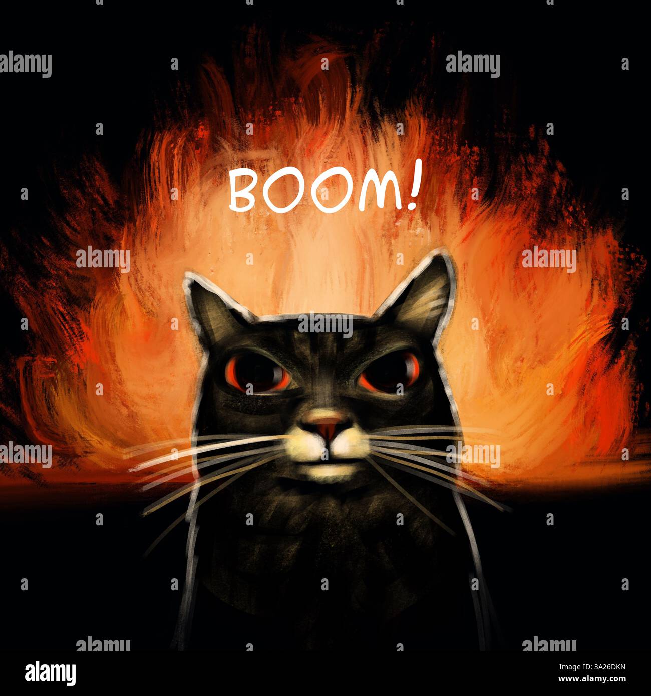 Cat in fire meme. Hell art illustration. Greeting card. Hand draw ...