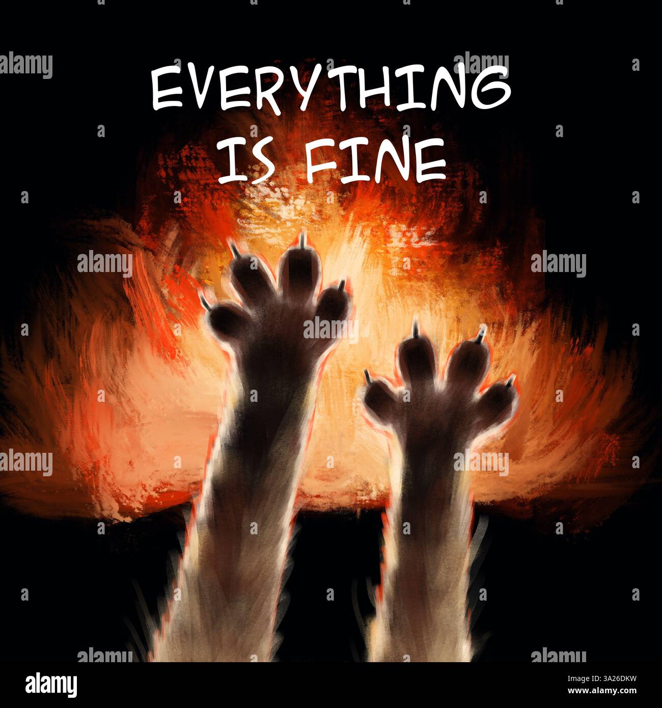 Cat in fire meme. Hell art illustration. Greeting card. Hand draw ...