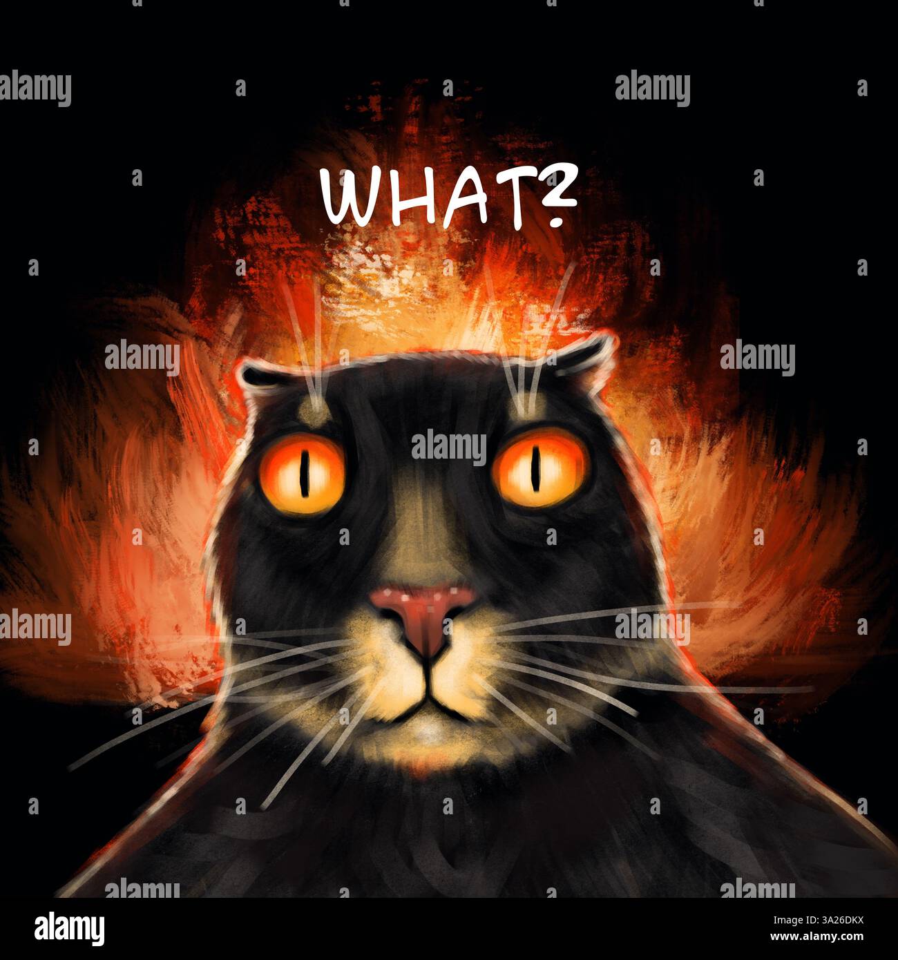 Cat in fire meme. Hell art illustration. Greeting card. Hand draw ...