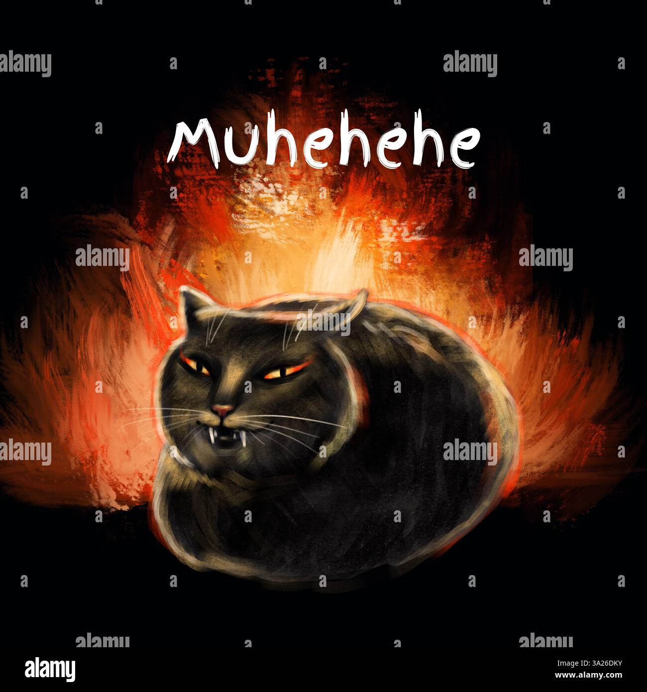 Cat in fire meme. Hell art illustration. Greeting card. Hand draw ...